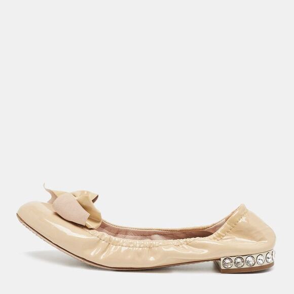 Miu Miu | Shoes | Miu Miu Beigegold Patent Bow Crystal Embellished Scrunch Ballet Flats | Poshmark